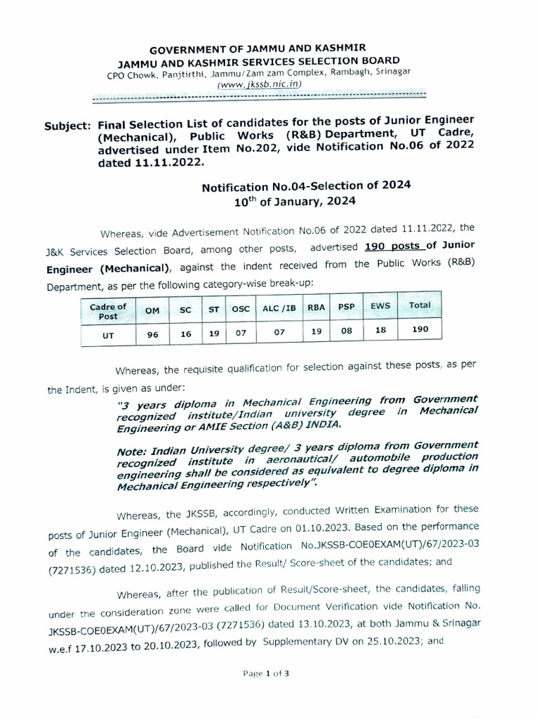 Final Selection List JE Mechanical 10012024 | PDF