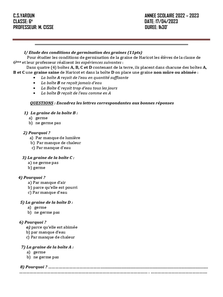 DEVOIR 5 SVT 6ème D | PDF