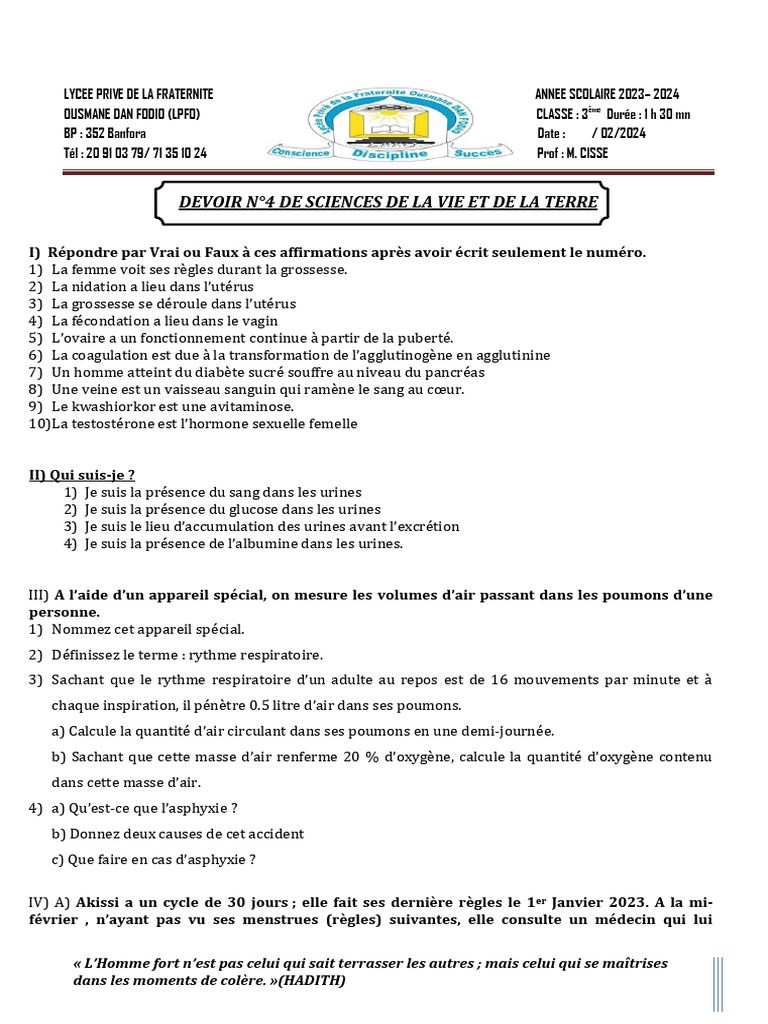 Devoir #4 SVT 3e Lpfo 2024 | PDF
