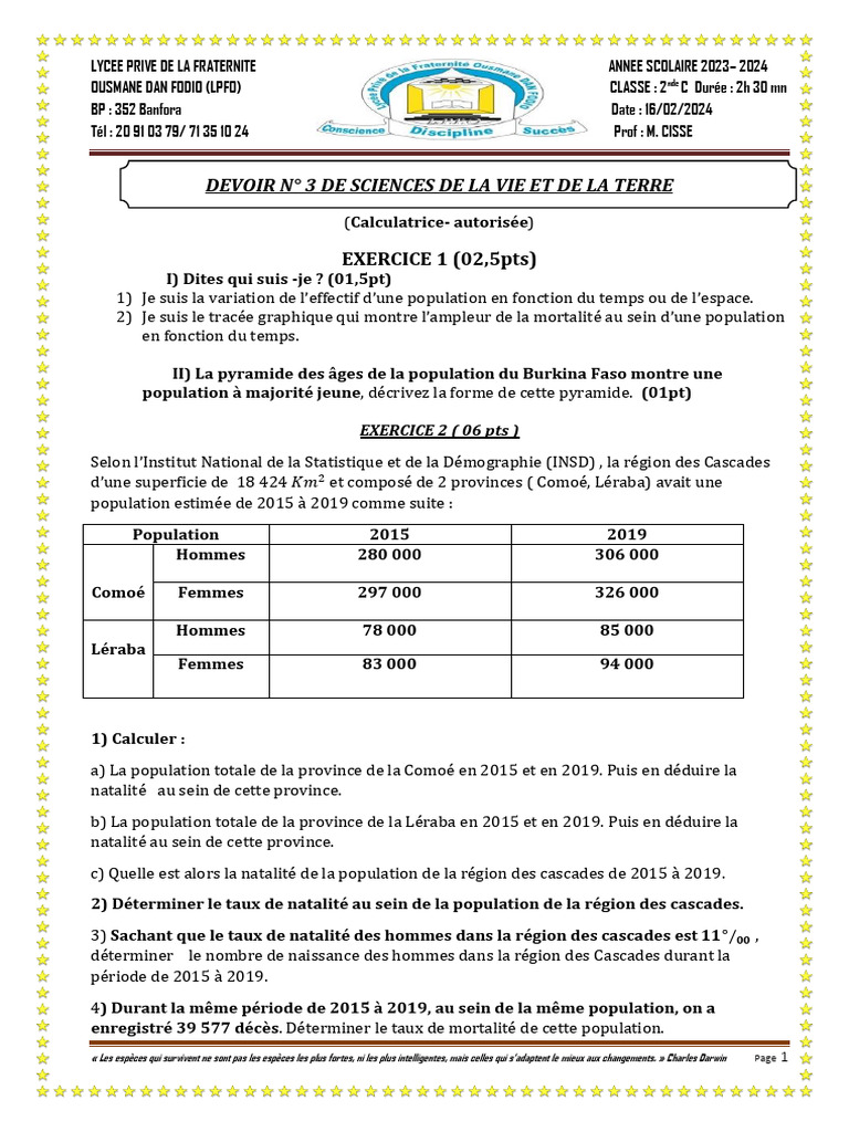 DEVOIR N°3 SVT 2nd C LPFO 2024 Final | PDF