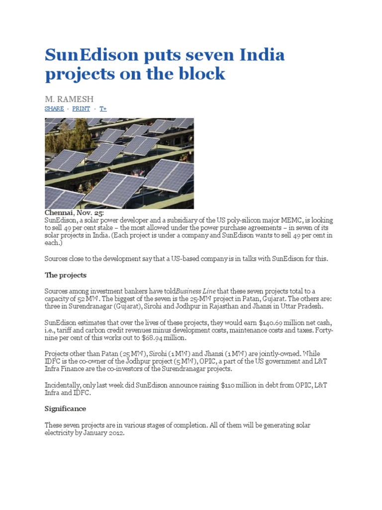 SunEdison Sells Stake in 7 India Solar Projects | PDF | Natural Gas | Liquefied Natural Gas