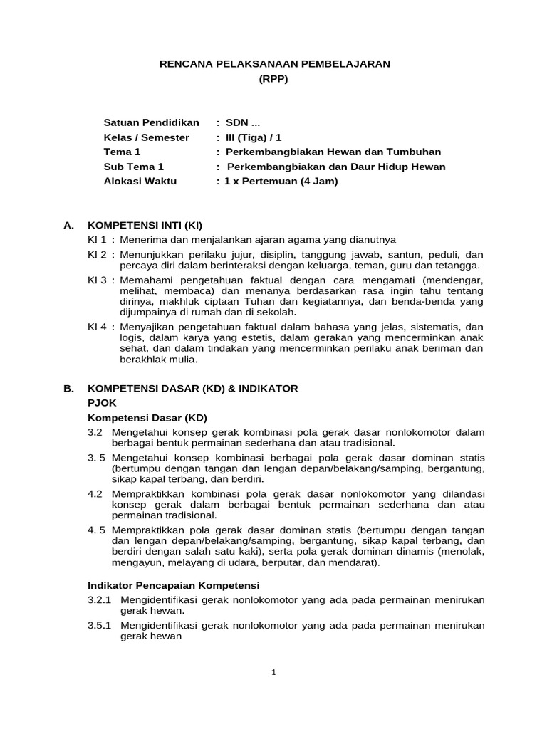 Kelas 3 RPP Tema 1 | PDF