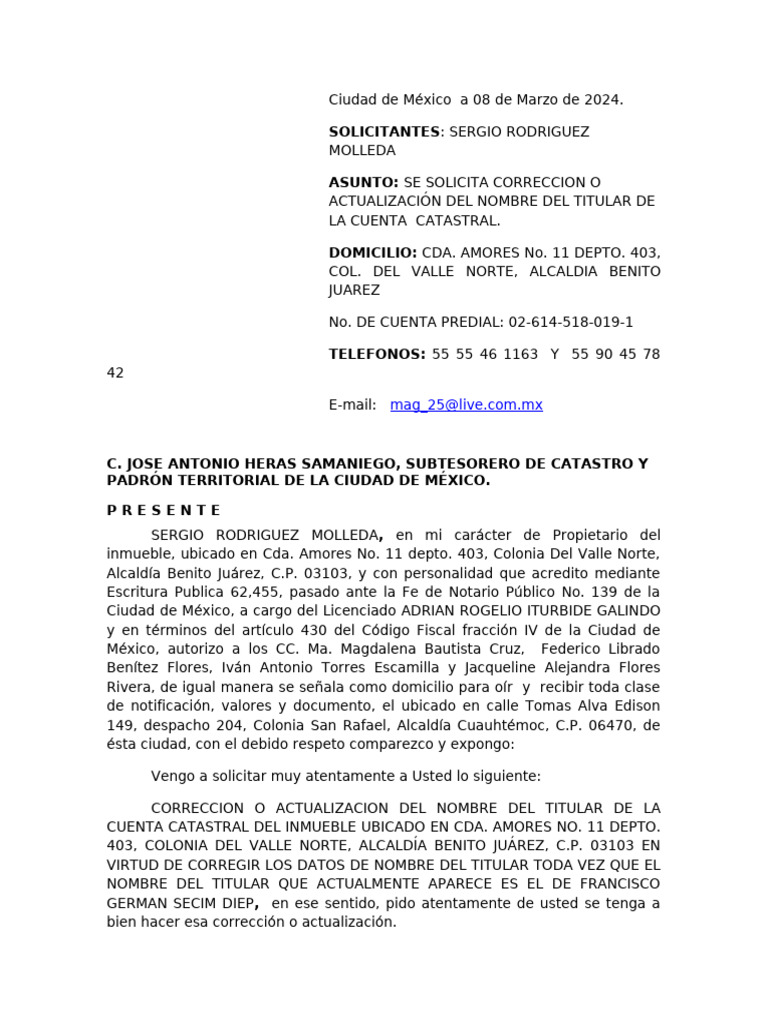 Escrito A Catastro Lic Sergio Rodriguez Molleda | PDF