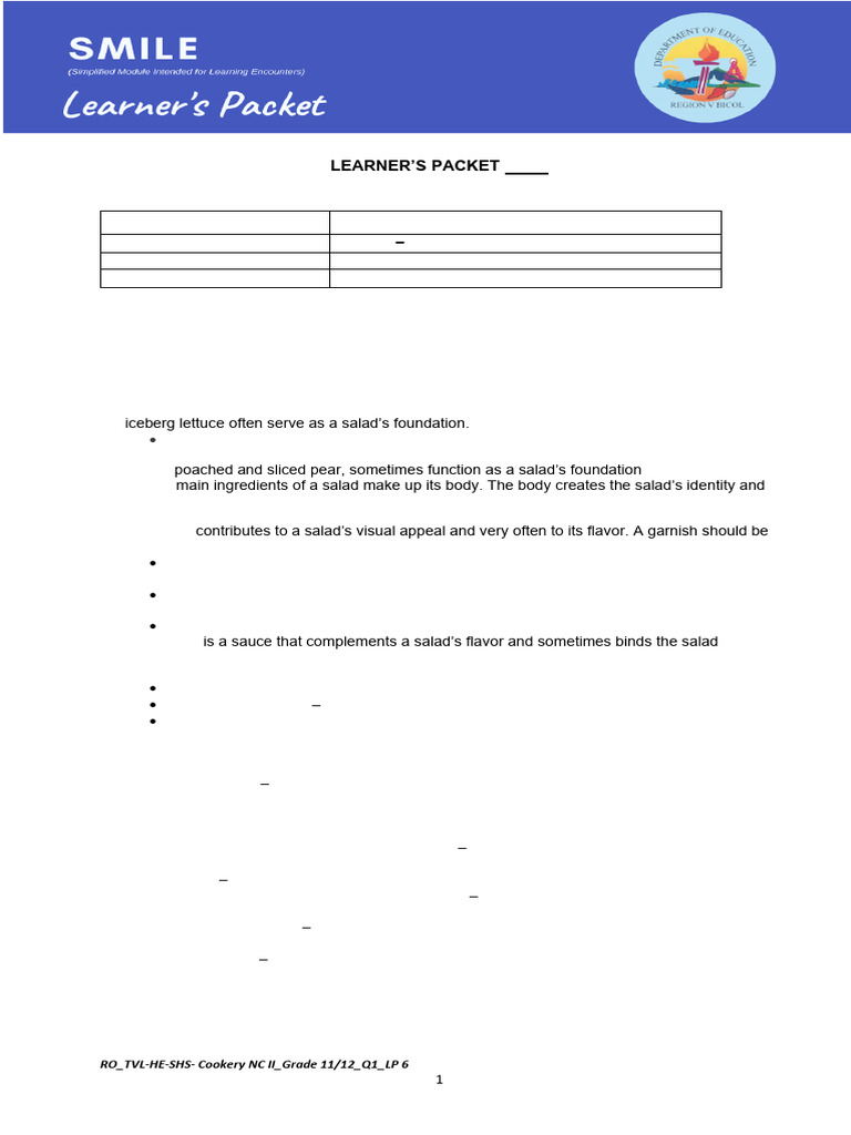 LP 6 - RO - TVL HE SHS Cookery NC II - Grade 1112 - Q1 | PDF
