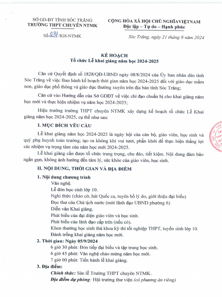 Ke Hoach To Chuc Le Khai Giang 24-25 | PDF