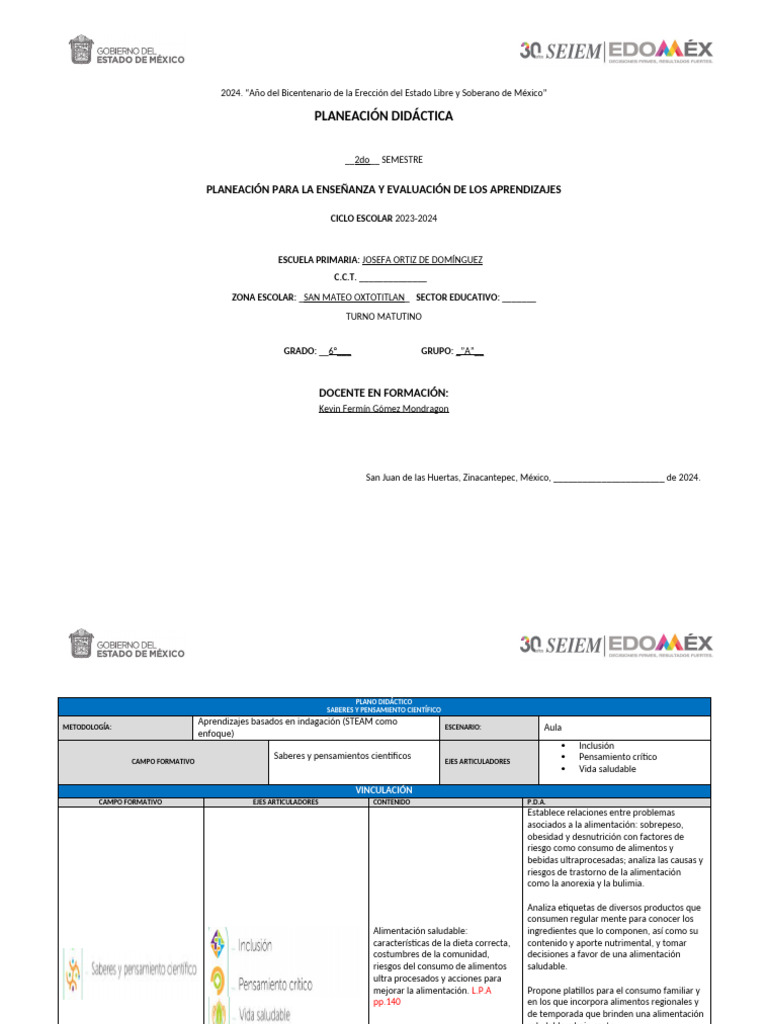 Plano Didáctico 6º Kevin Fermin Gomez | PDF