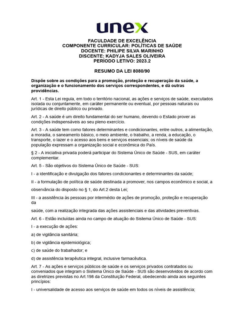 Resumo Lei 8080-90 - Kadyja | PDF