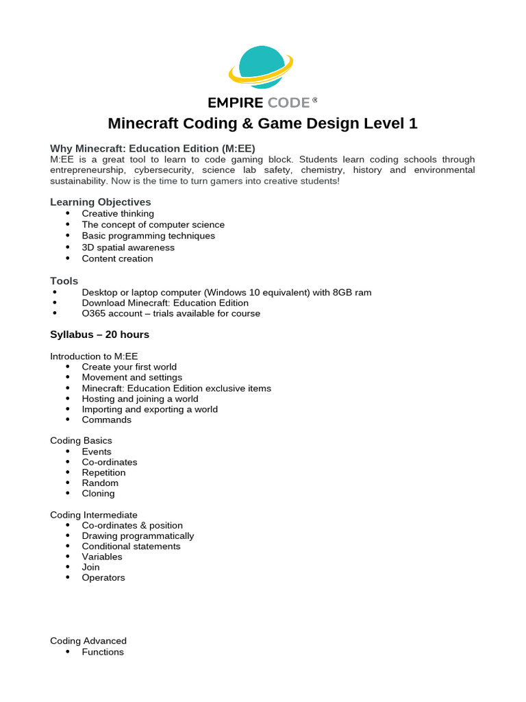 Empire Code - Minecraft Coding & Game Design Level 1 - Framework | PDF