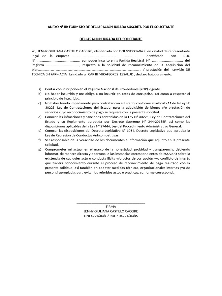 Anexo III Formato de Declaracion Jurada | PDF