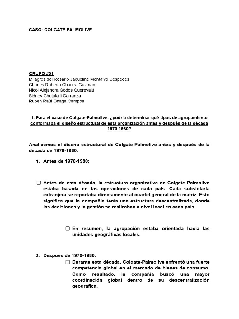 CASO - COLGATE PALMOLIVE - Grupo 1 | PDF