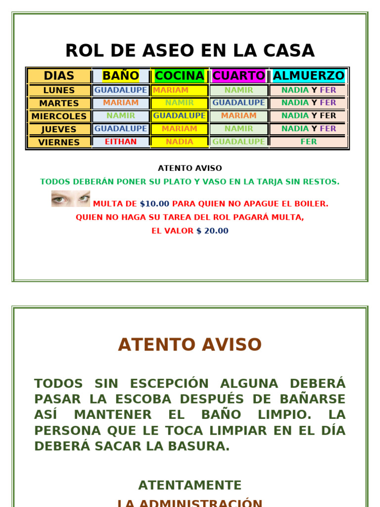 Rol de Aseo en La Casa | PDF