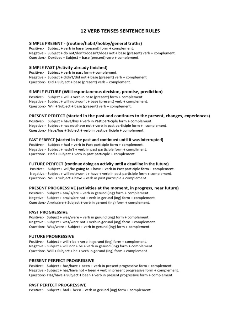 12 Verb Tenses Sentence Rules | PDF