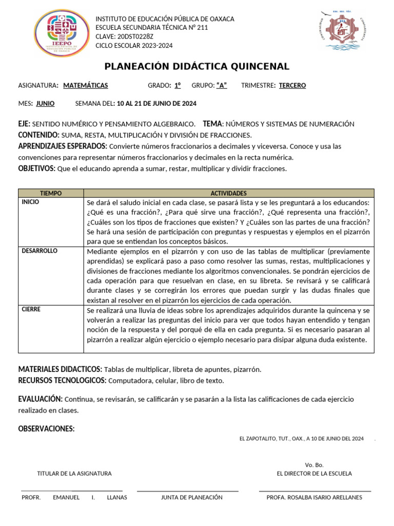 PLAN QUINCENAL 10-21 Junio | PDF | Multiplicación | Evaluación