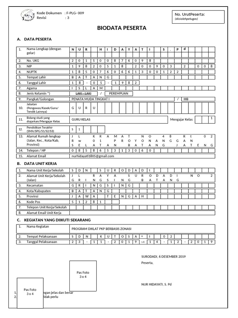 Form Biodata Peserta | PDF