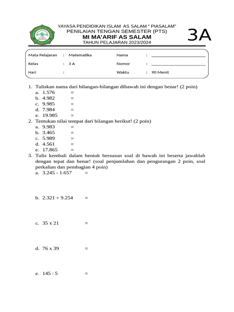 Pts Matematika 3a | PDF