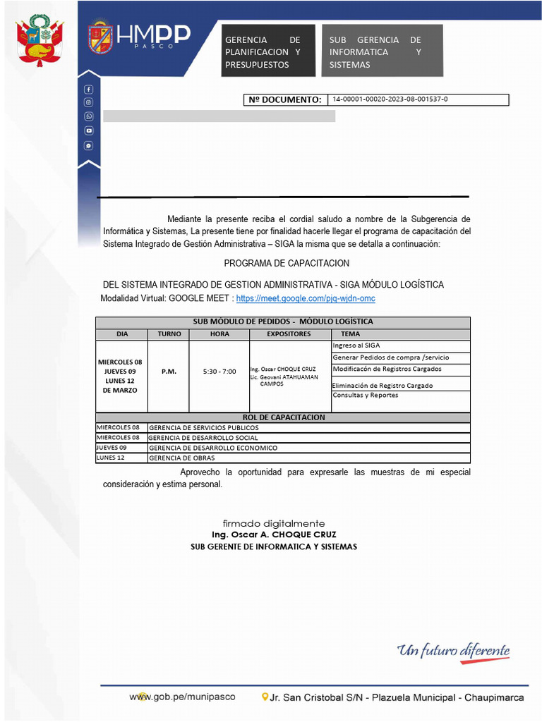 INFORME N° 0020-2023-HMPP-GM-GPP-SGIS OACC | PDF