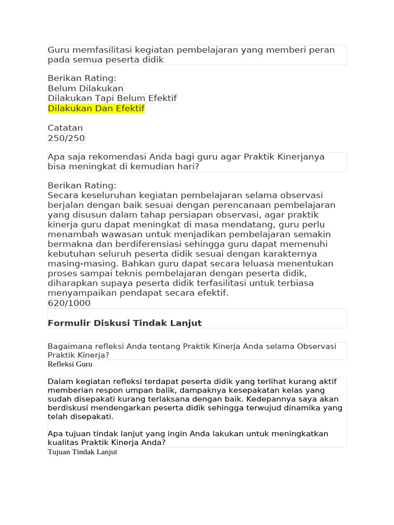 Jawaban PMM Rubrik PTK Setelah Penilaian Observasi Oleh Kepsek Atau Setelah Nilai 50% | PDF