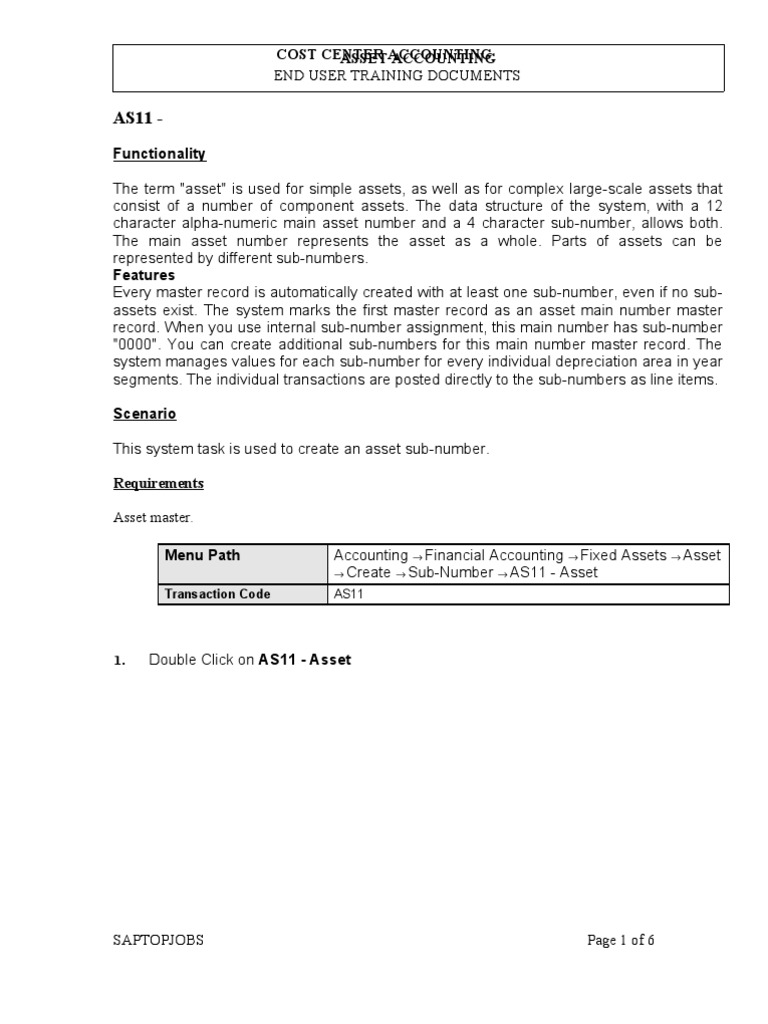 AS11 Create Asset Sub-Number | PDF | Data | Accounting