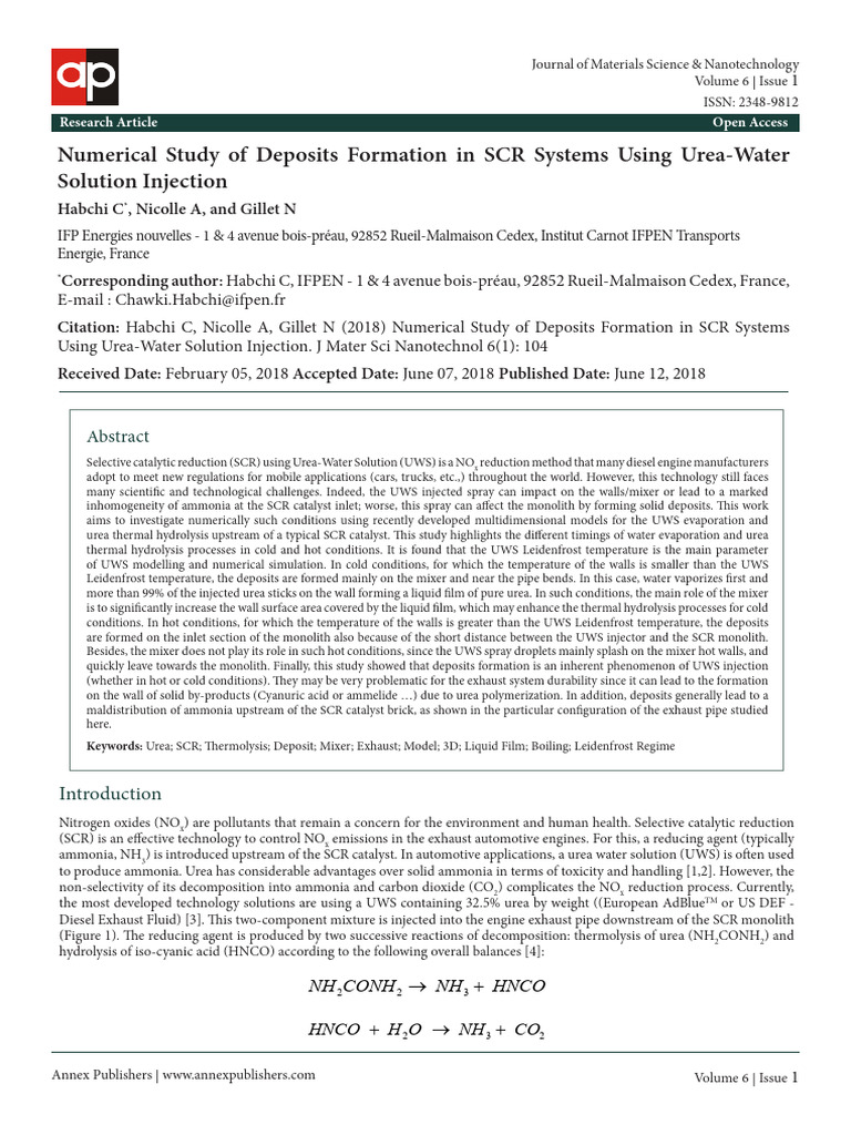 2018 Numerical Study of Deposits Formation in SCR Systems Using Urea Water Solution Injection | PDF