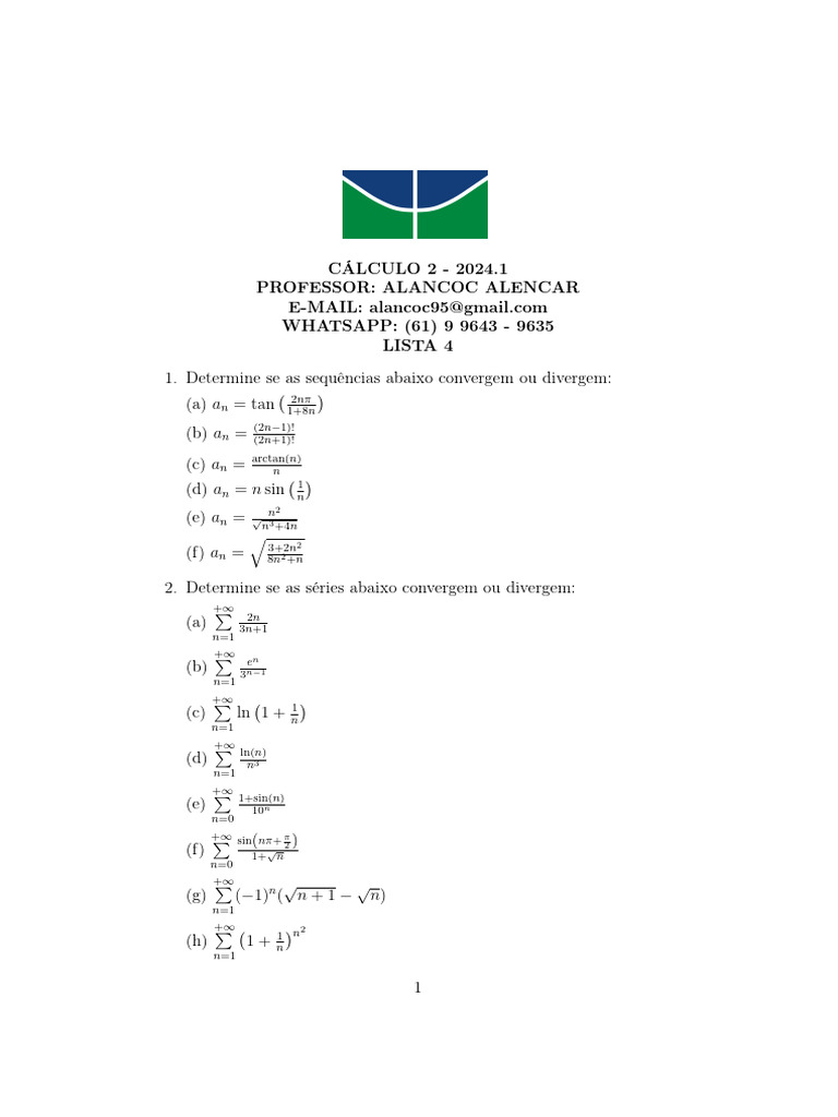 Lista 4 - Cálculo 2 - 2024.1 | PDF