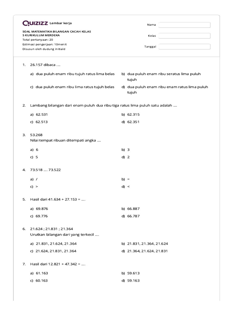 Soal Matematika Bilangan Cacah Kelas 5 Kurikulum Merdeka - Quizizz | PDF