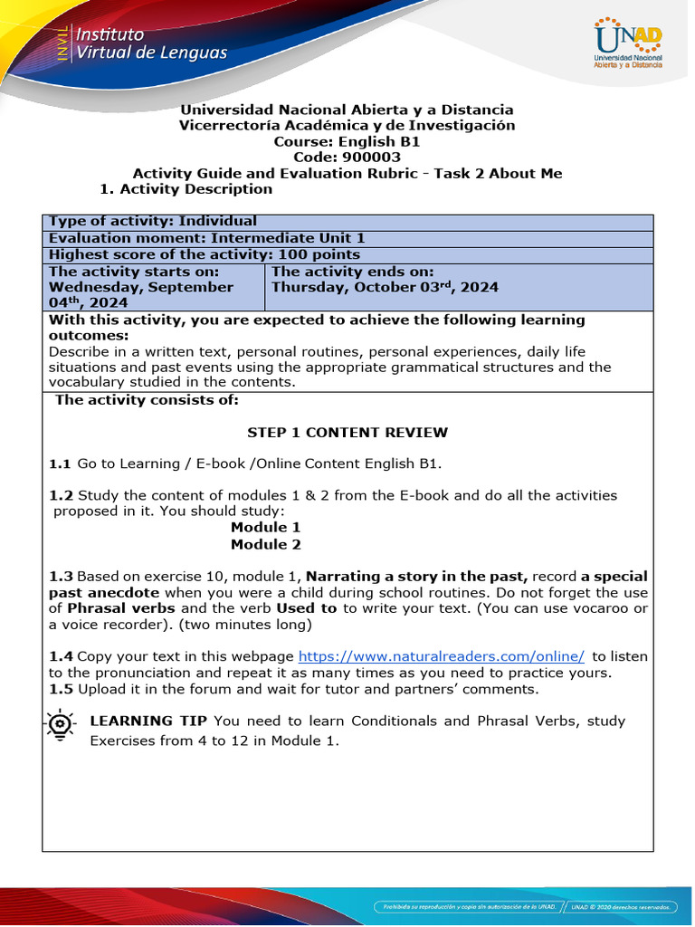 Activity Guide and Evaluation Rubric-Unit 1 - Task 2-About Me. | PDF
