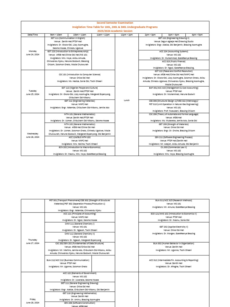 General Examinations Invigilation Timetable - Second Semester 2023-2024 ... General Examinations Invigilation Timetable - Second Semester 2023-2024 ...