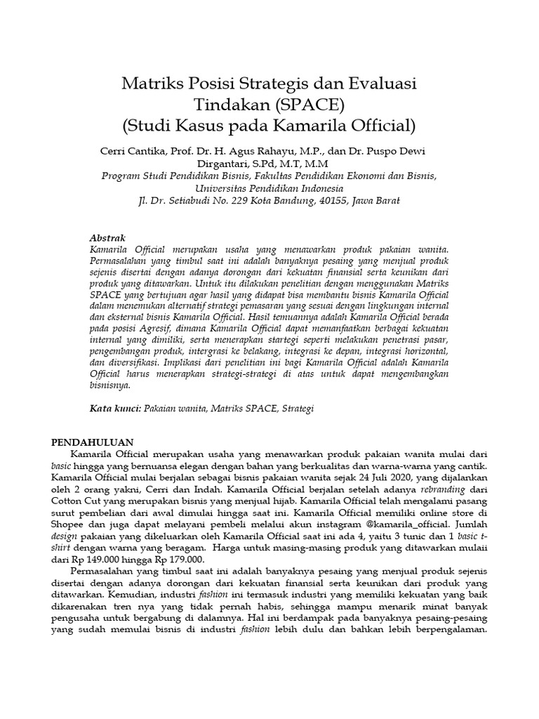 Matriks Posisi Strategis Dan Evaluasi Tindakan (SPACE) (Studi Kasus ...