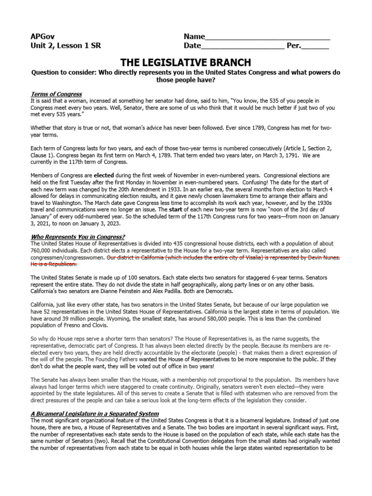 21 Unit 2 Lesson 1 SR Legislative Branch | PDF