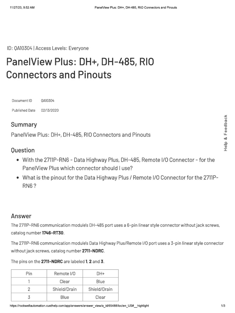 PanelView Plus - DH+, DH-485, RIO Connectors and Pinouts | PDF
