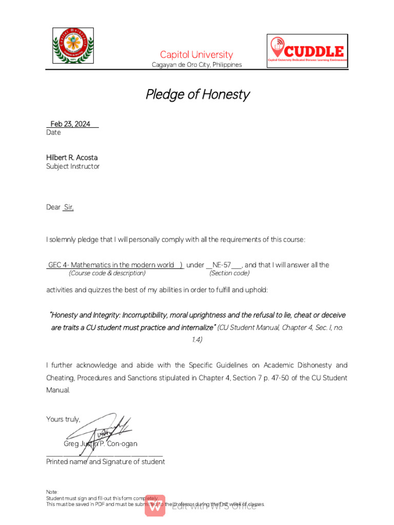 Pledge of Honesty | PDF