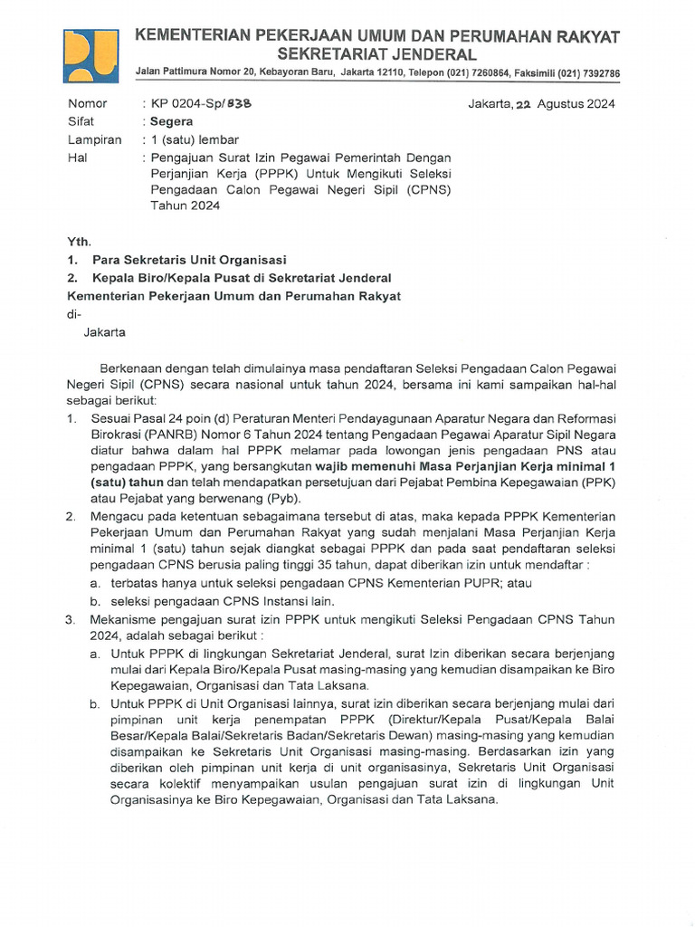 Pengajuan Surat Izin PPPK Utk Mengikuti Seleksi CPNS Tahun 2024 | PDF