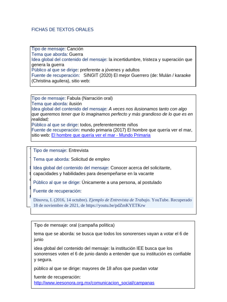 Fichas de Texto Orales | PDF