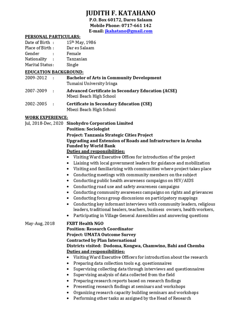 Judith Kahatano CV | PDF