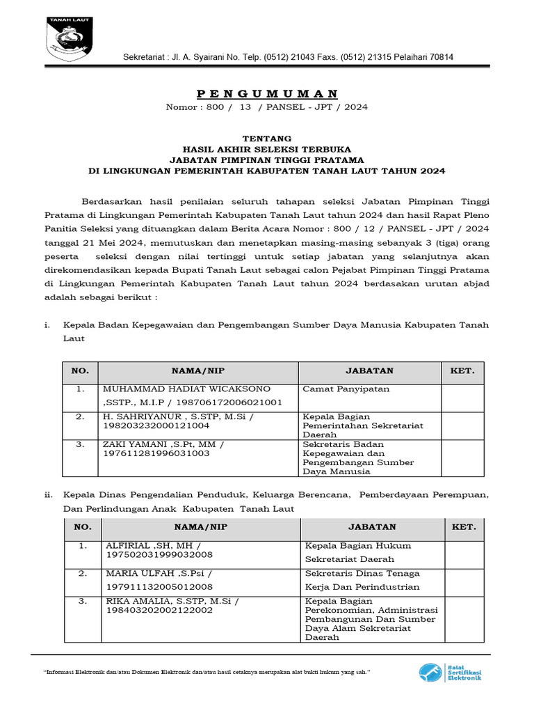 Hasil Seleksi JPT Pratama 2024 | PDF