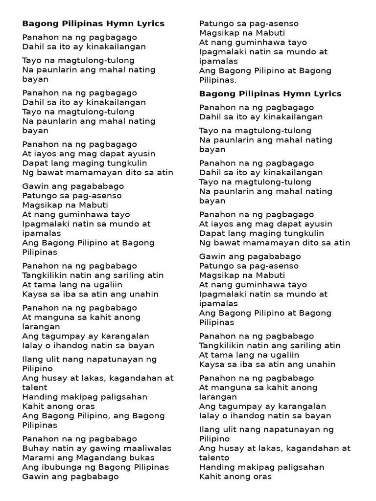 Bagong Pilipinas Hymn Lyrics | PDF
