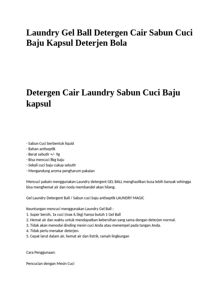 Laundry Gel Ball Detergen Cair Sabun Cuci Baju Kapsul Deterjen Bola | PDF