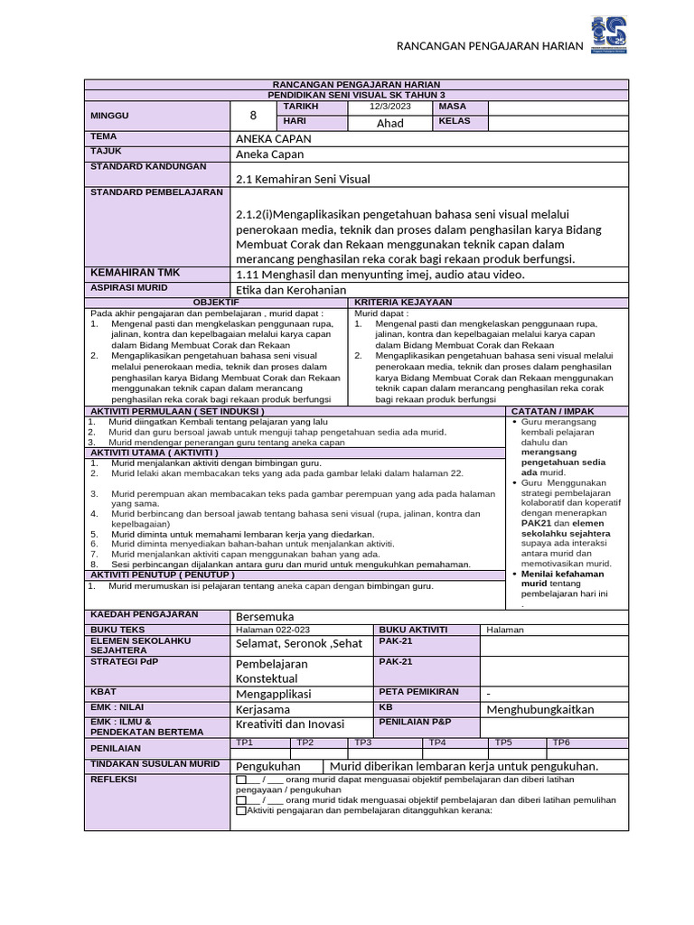 RPH Minggu 8 PSV THN 3 2023 by Cikgu Gorgeous | PDF