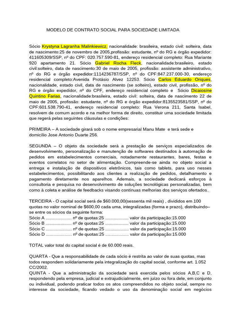 Modelo de Contrato Social para Sociedade Limitada | PDF