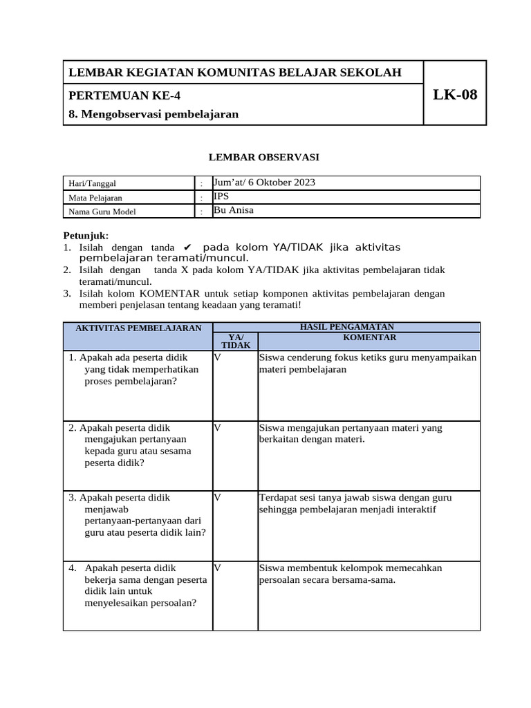 LK-08 Lembar Observasi Pelaksanaan Open Lesson_KKG IPS | PDF
