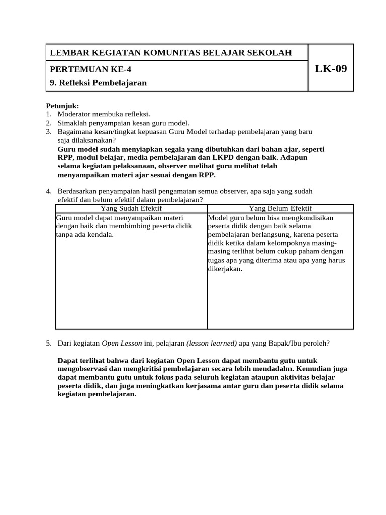 LK-09 Lembar Hasil Refleksi - KKG IPS | PDF