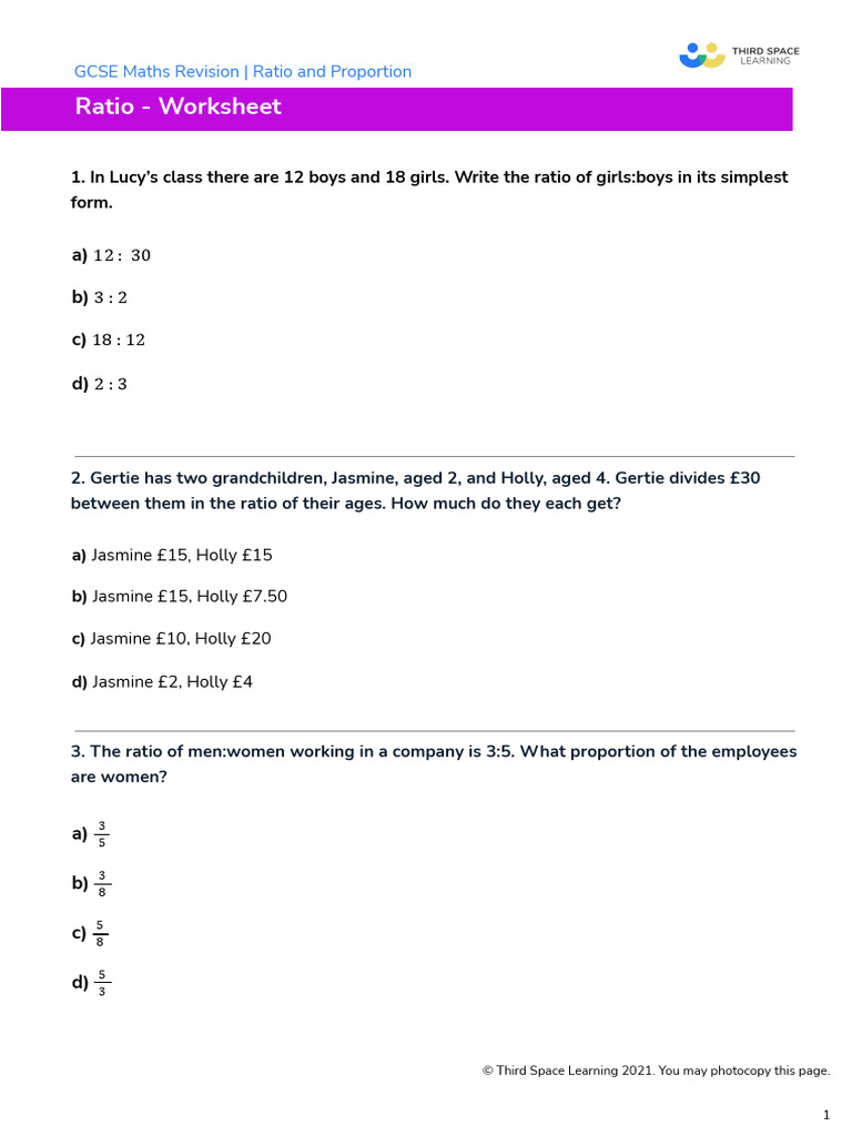 15 Ratio Questions and Practice Problems Worksheet Third Space Learning ...