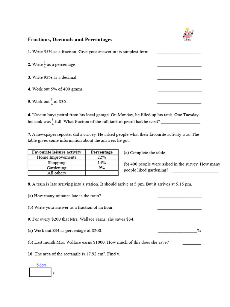 Fractions Decimals Percentages Worksheet | PDF