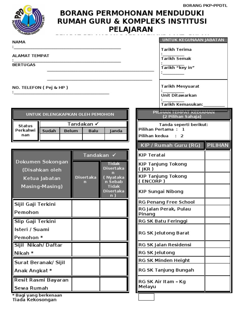 Borang Permohonan Kuarters Pdf - Riset