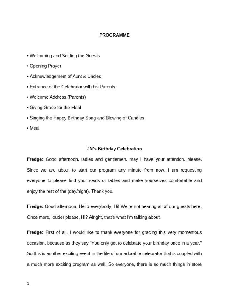 Script For 1st Birthday (JN) | PDF