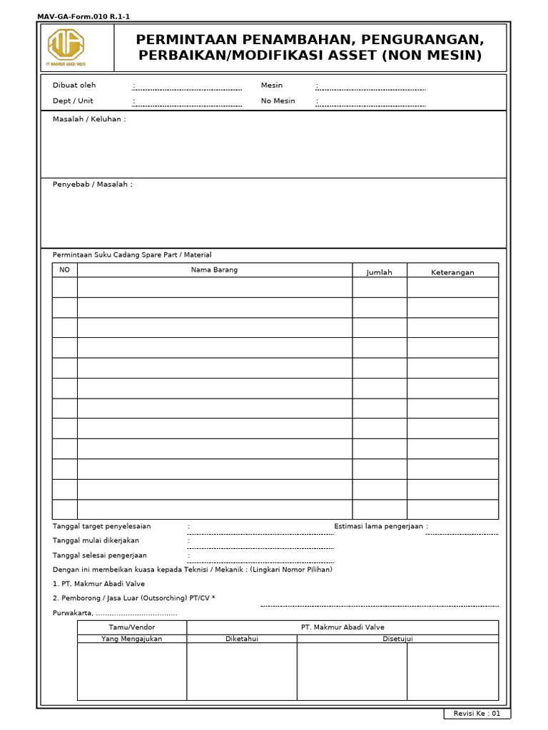 MAV-GA-Form.010 R.1-1 Form Permintaan Penambahan, Pengurangan, Perbaikan Atau Modifikasi Asset ...