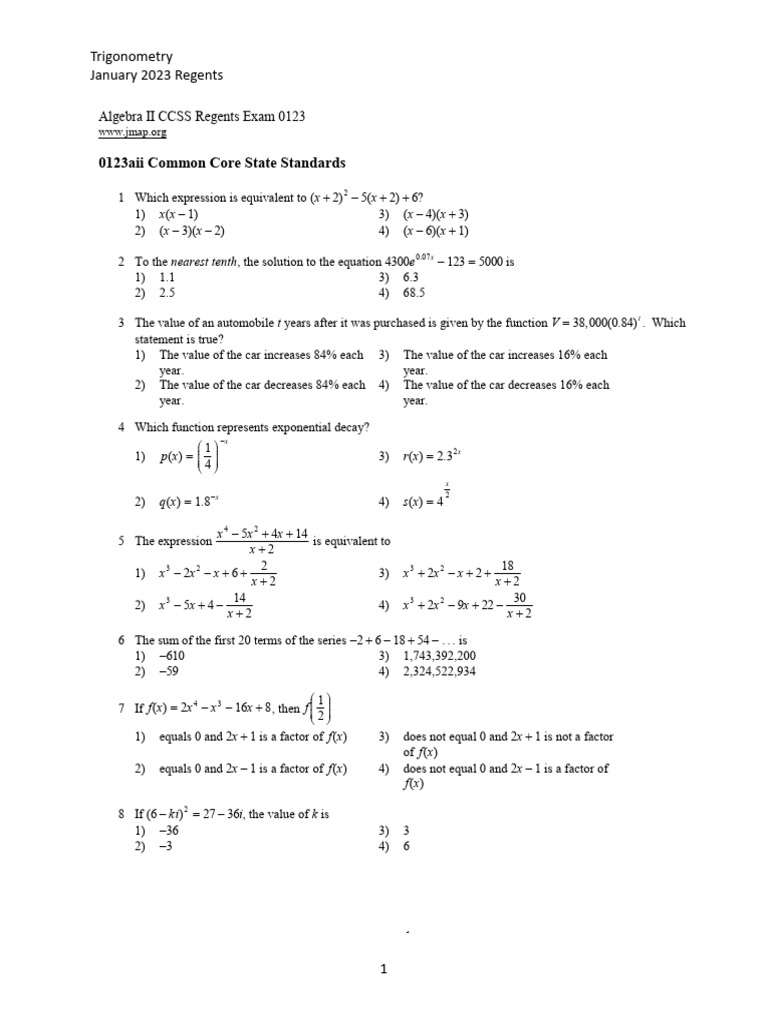 January 2023 Algebra 2 Regents | PDF