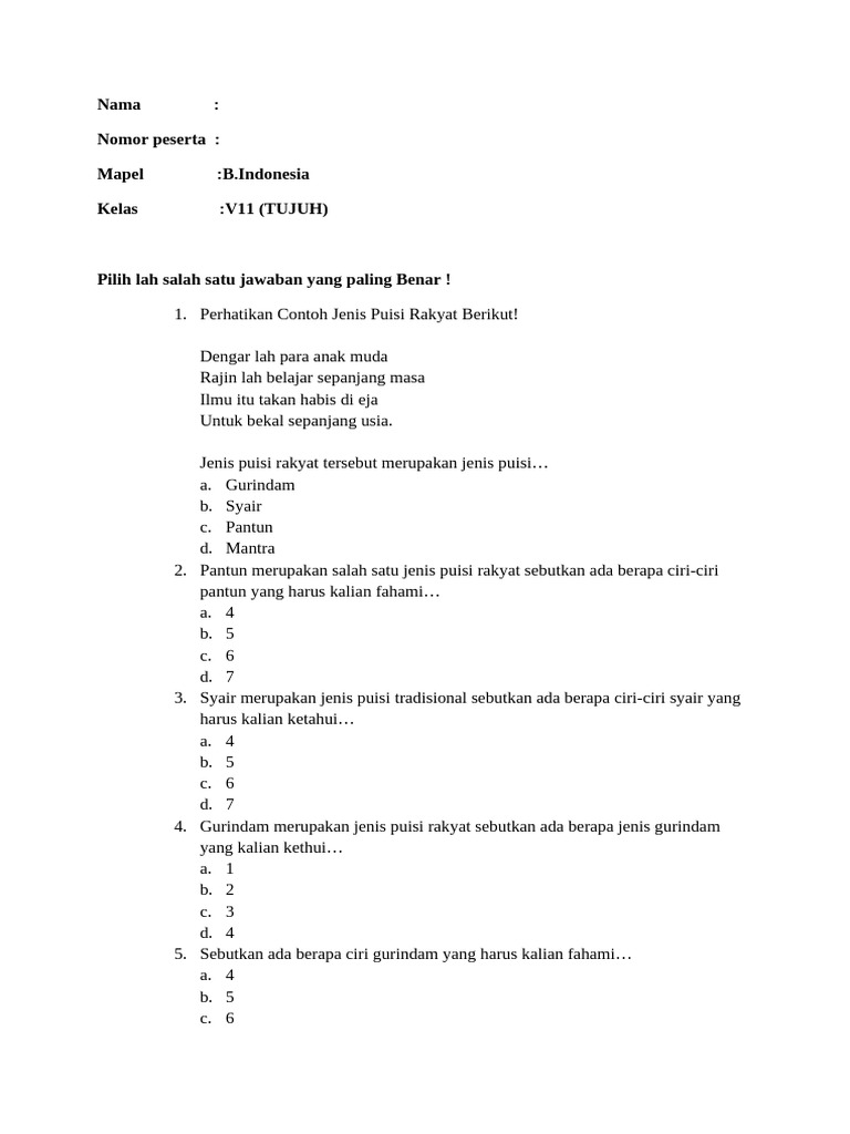 Soal PAS B.indonesia Kelas 7 SMP Bhakti Nugraha....... | PDF