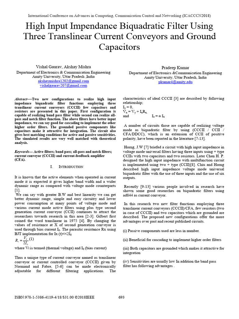 High Input Impendance Biquadratic Filter Using Three Translinear Current Conveyors and Ground ...