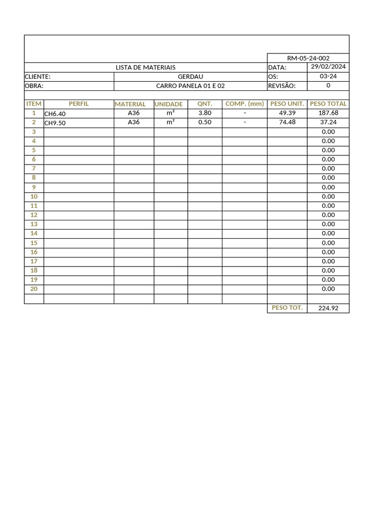 Item Perfil Material Unidade Qnt. Comp. (MM) Peso Unit. Peso Total 1 2 ...